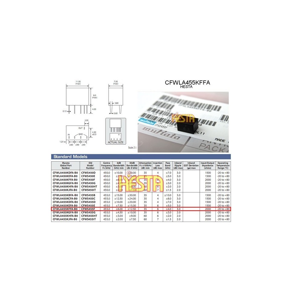 Ceramic filter 455F muRata 455kHz, typ: CFWLA455KFFA